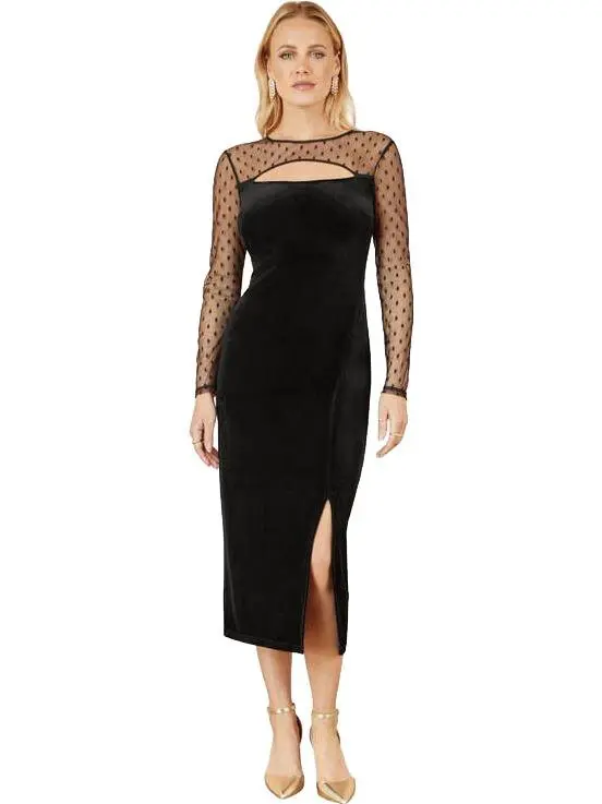 YUMI Velvet With Slash Neckline Midi Dress - Black