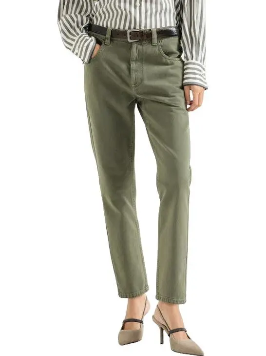 Brunello Cucinelli Dyed Denim Five-pocket Straight Trousers With Shiny Bartack - Green