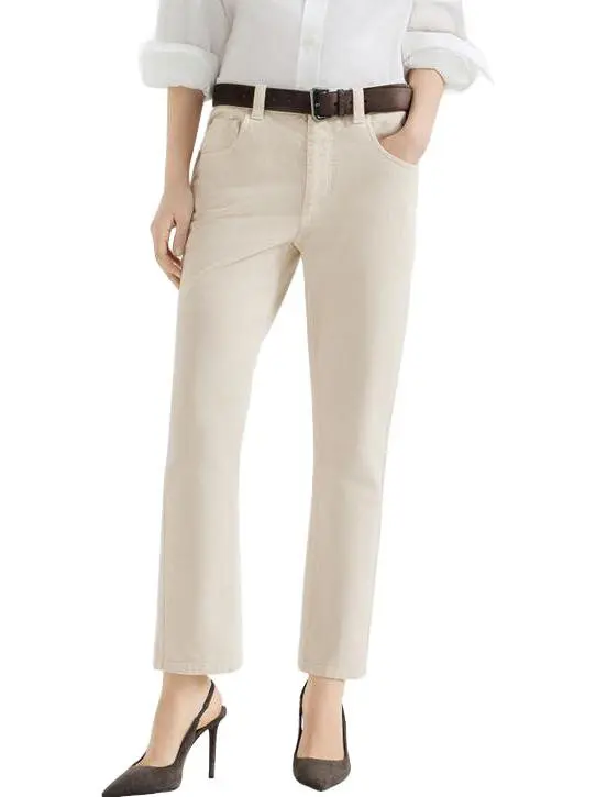 Brunello Cucinelli Dyed Denim Five-pocket Straight Trousers With Shiny Bartack - Milk