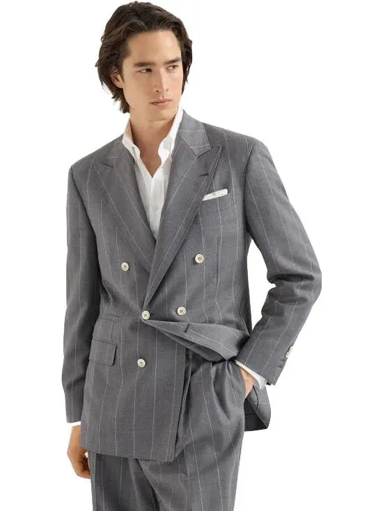 Brunello Cucinelli Virgin Wool Chalk Stripe One-and-a-half Breasted Tailor Blazer - Medium Grey