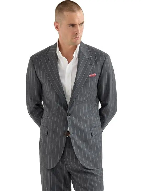 Brunello Cucinelli Super 150s Virgin Wool Wide Chalk Stripe Batavia Tailor Blazer With Peak Lapels - Grey