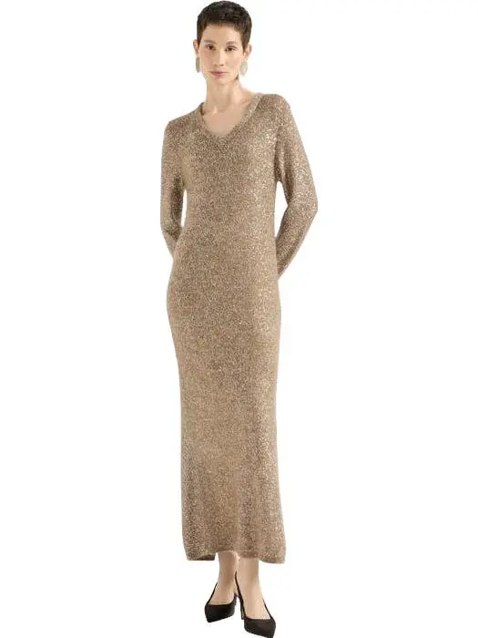 Brunello Cucinelli Mohair And Wool Dazzling Texture Knit Dress With Monili - Light Brown