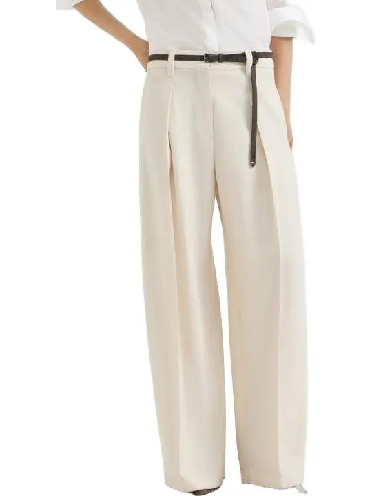 Brunello Cucinelli Virgin Wool Gabardine Pleated Barrel Trousers With Monili - Milk