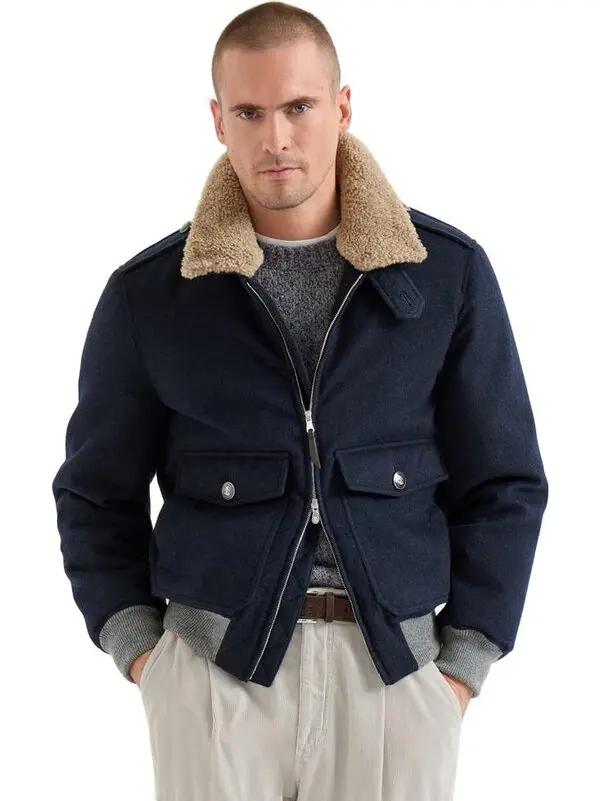 Brunello Cucinelli Bonded Cashmere Beaver Cloth Bomber Jacket With Thermore® Padding And Detachable Shearling Collar - Blue
