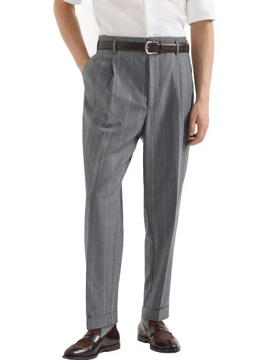 Brunello Cucinelli Virgin Wool Chalk Stripe Trousers With Double Pleats - Medium Grey