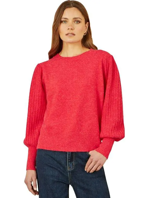 YUMI Knitted Balloon Sleeve Textured Jumper - Red