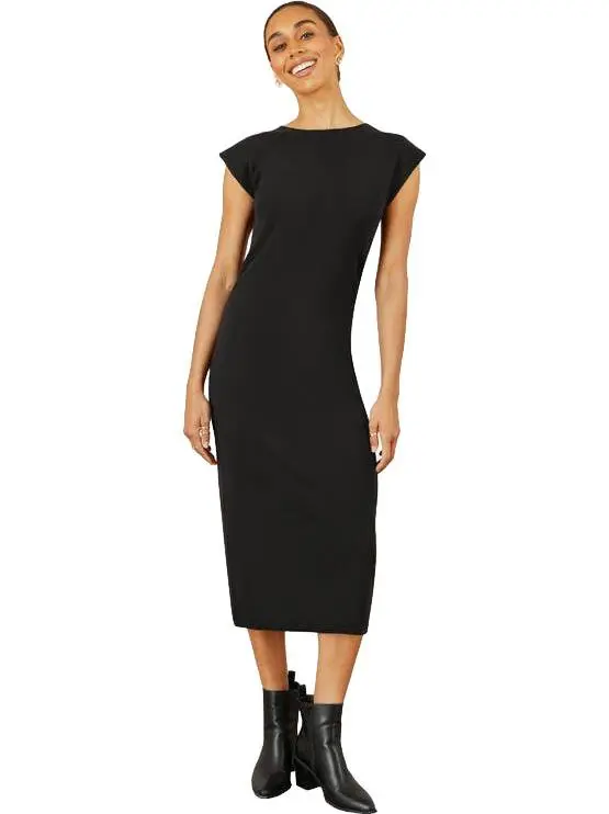 YUMI Knitted Ruched Midi Dress - Black