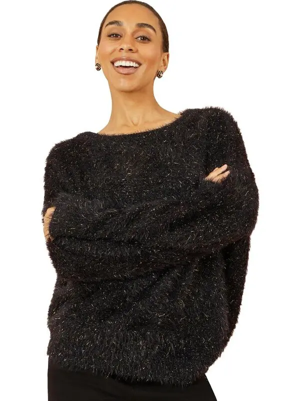 YUMI Metallic Fluffy Eyelash Relaxed Jumper - Black