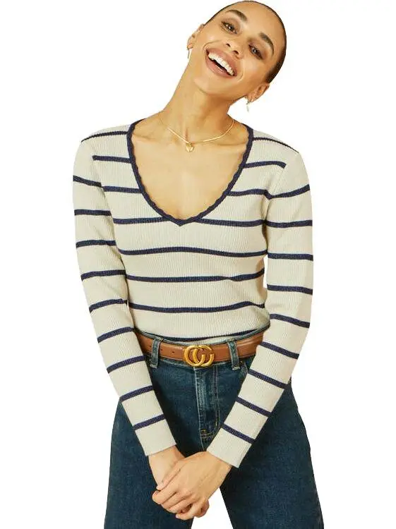 YUMI Metallic Stripe Knitted Ribbed V-neck Top - Ivory