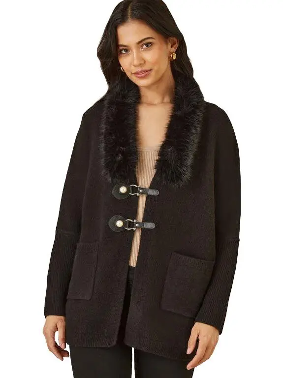 YUMI Detachable Fur Collar Trim Cardigan - Black