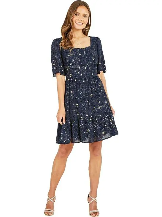 YUMI Star Print Skater Dress - Navy