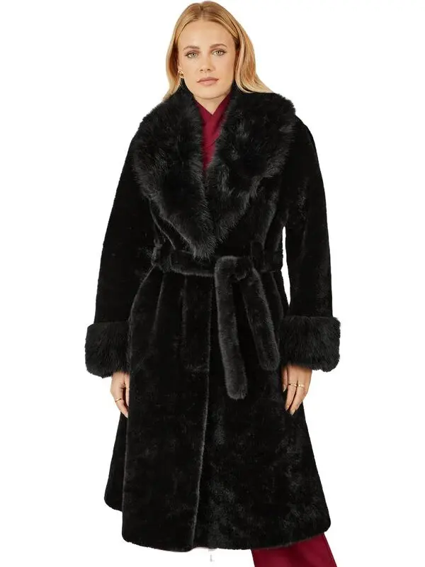 YUMI Oversize Collar Wrap Faux Fur Coat - Black