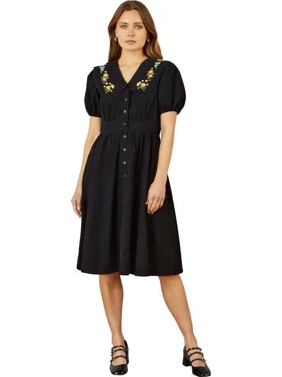 YUMI Embroidered Collar Cord Tea Dress - Black