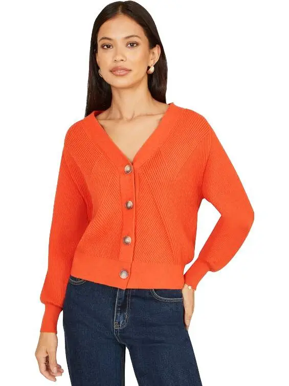 YUMI Relaxed Fit V-neck Cardigan With Balloon Sleeves - Orange