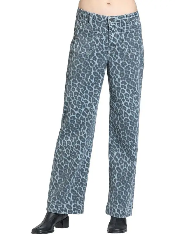 APNY Leopard Print Wide Leg Jeans - Faded Blue