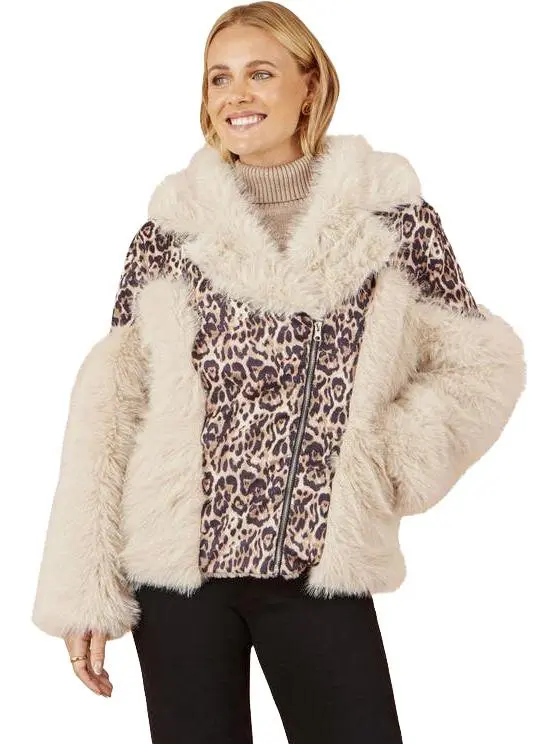 YUMI Faux Fur Biker Leopard Print Jacket - Brown