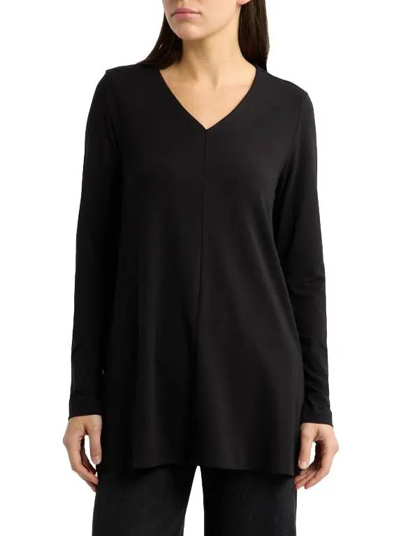 Eileen Fisher Long Sleeve V-neck Tunic Top - Black