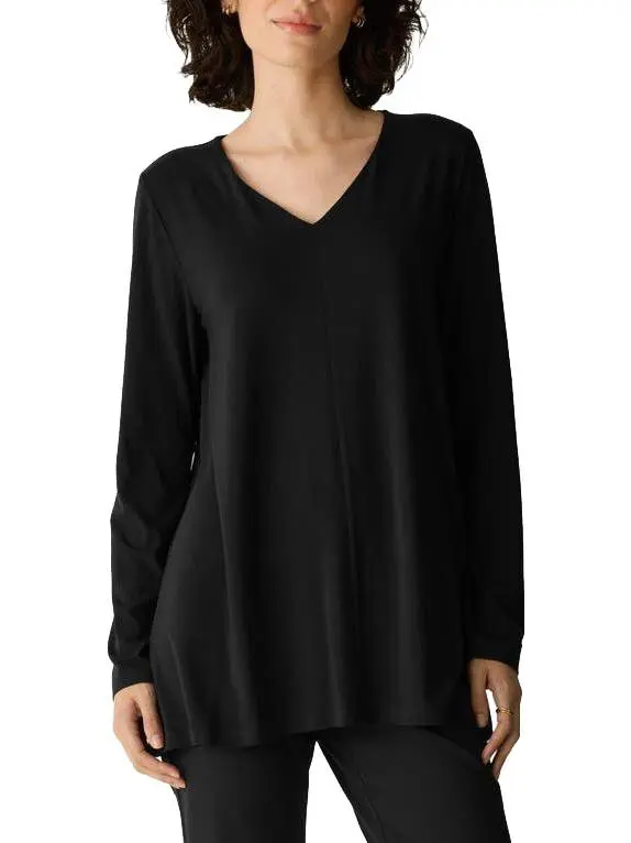 Eileen Fisher Long Sleeve V-neck Tunic Top - Black