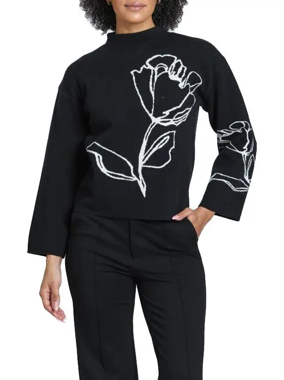 APNY Contrast Floral Pullover Sweater - Jet/ivory