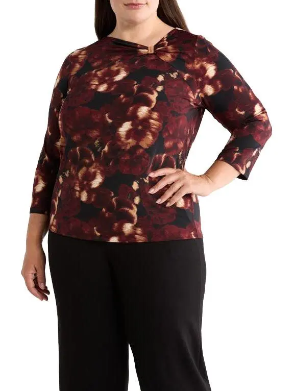 Anne Klein Twist Neck Three-quarter Sleeve Top - Anne Black Multi