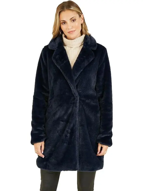 YUMI Faux Fur Coat With Collar And Invisible Fastening - Navy