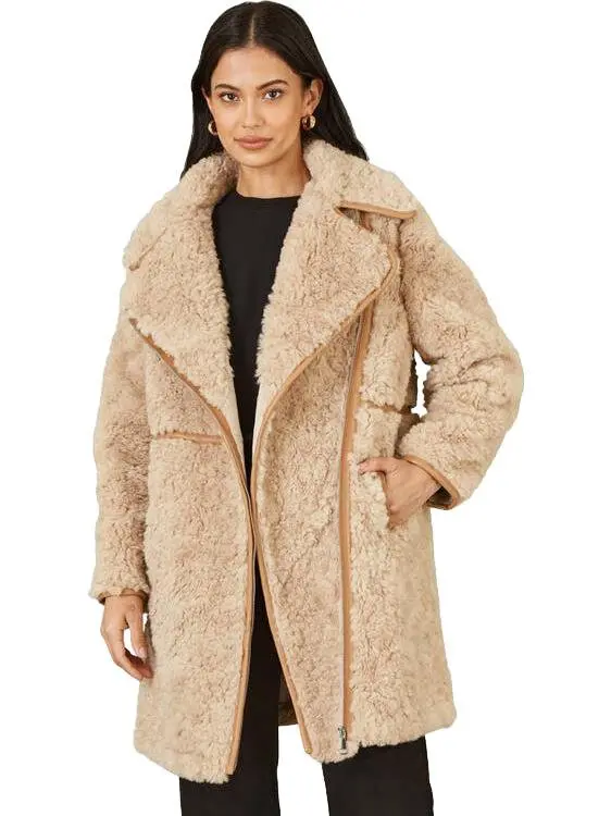 YUMI Textured Borg Long Line Biker Coat - Brown