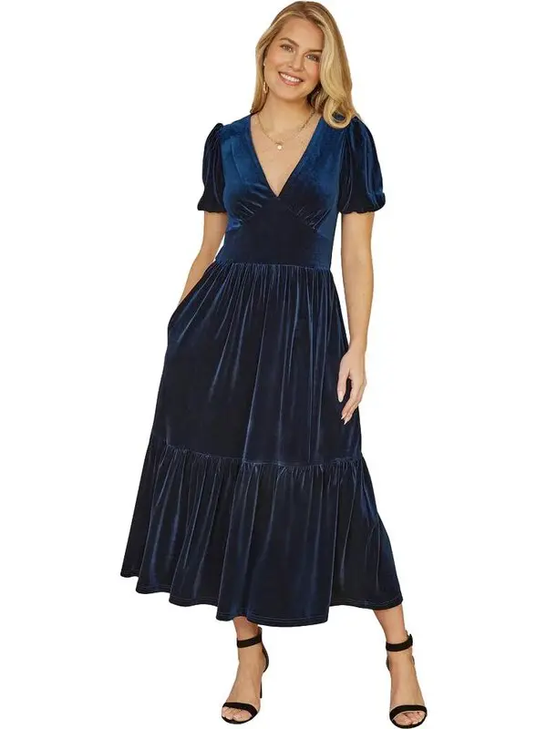 YUMI Velvet V-neck Midi Dress - Navy