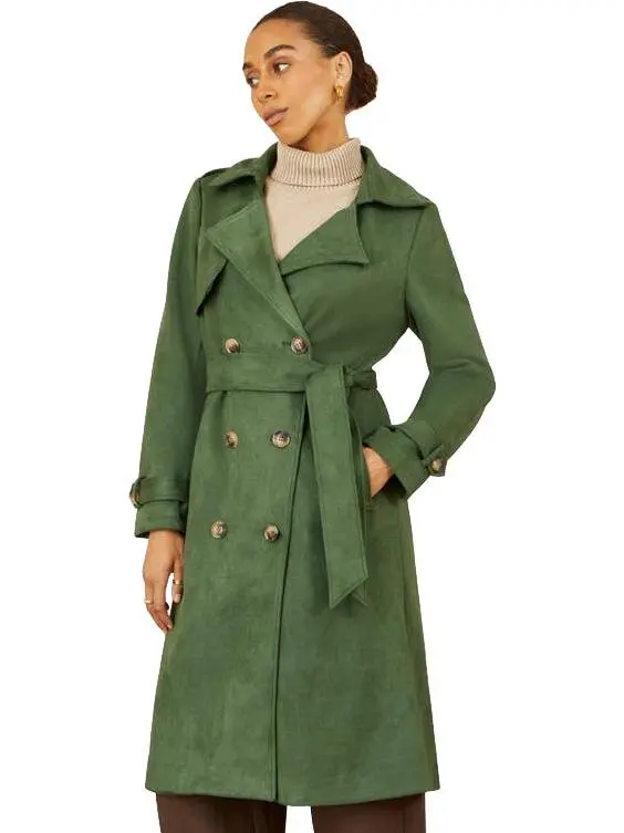 YUMI Faux Suede Trench Coat - Green