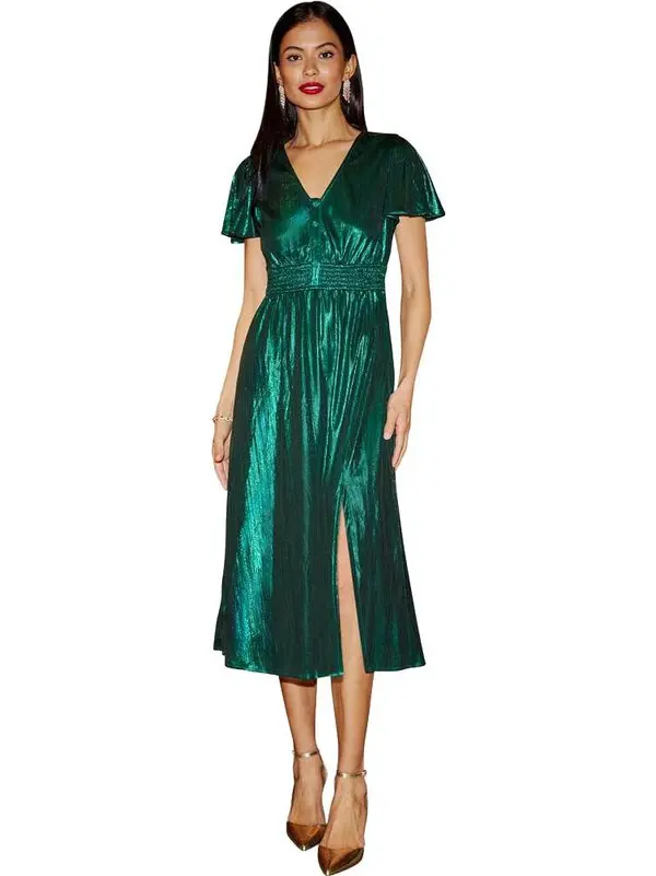 YUMI Metallic Ruched Midi Dress - Green