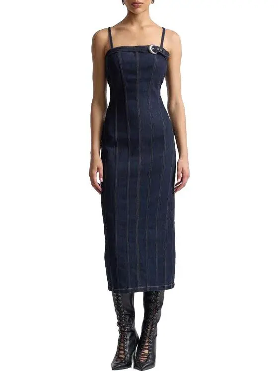 Avec Les Filles Seamed Midi Dress With Buckle Detail - Dark Rinse