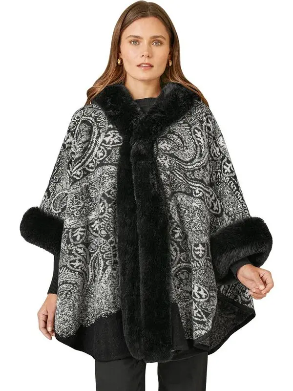 YUMI Paisley Print Faux Fur Trim Cape - Black