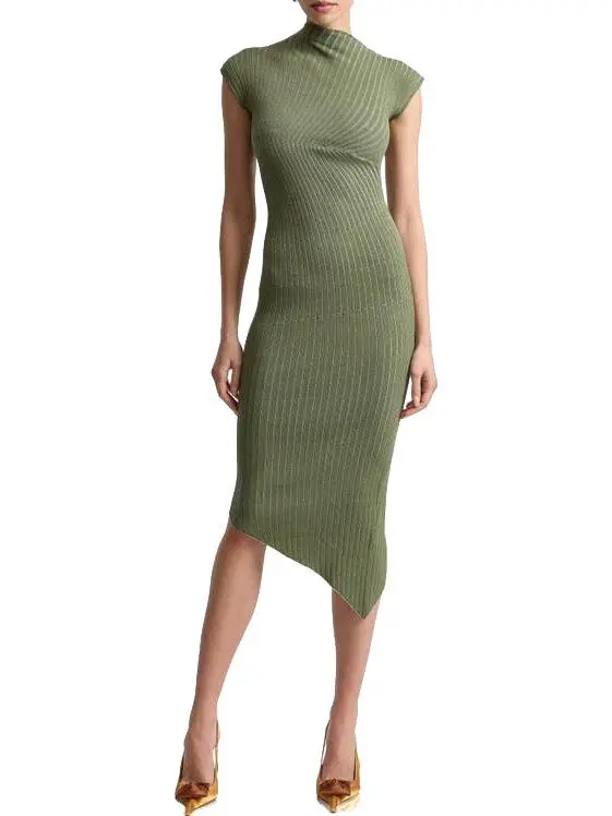 Avec Les Filles Radial Rib Asymmetric Hem Midi Dress - Olive Multi