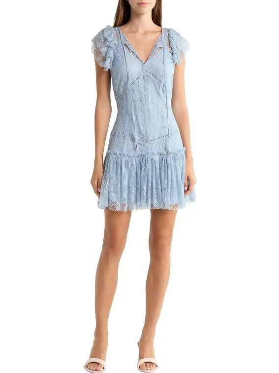 KITTENISH Flutter Sleeve Lace Minidress - Blue Fog