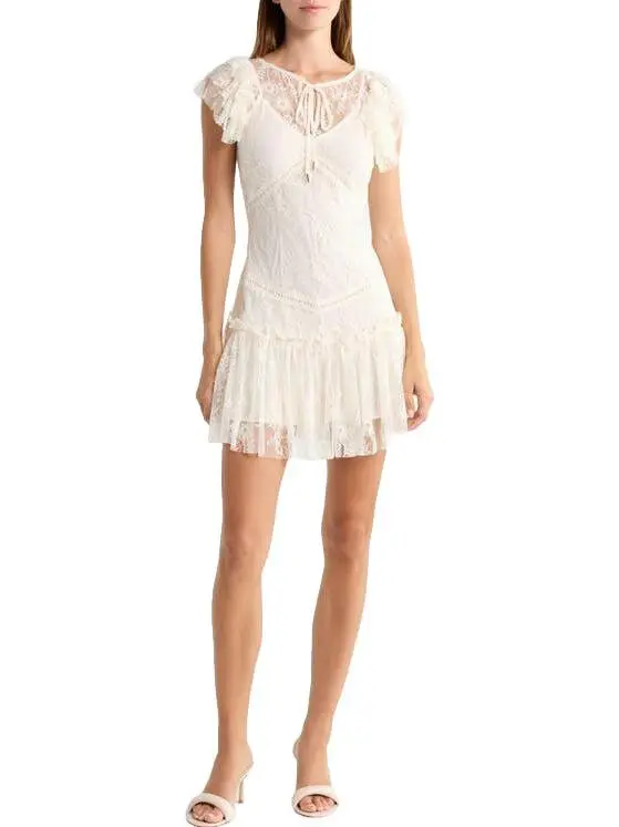 KITTENISH Flutter Sleeve Lace Minidress - Egret