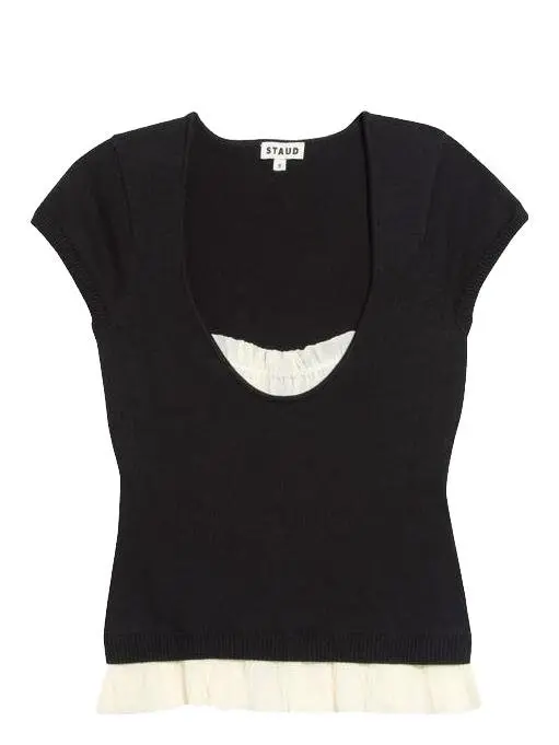 Staud Marin Chiffon Trim Short Sleeve Sweater - Black/ivory