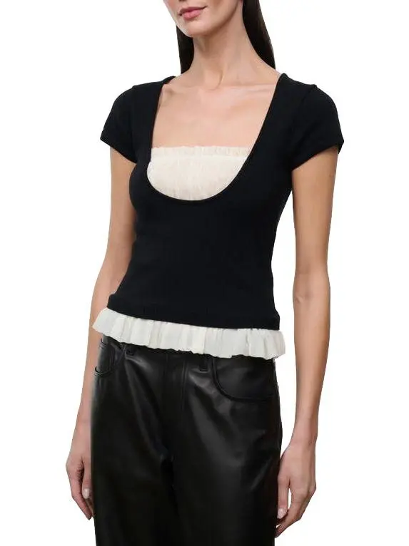 Staud Marin Chiffon Trim Short Sleeve Sweater - Black/ivory