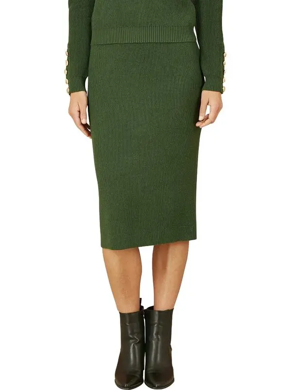 YUMI Rib Knitted Midi Column Skirt - Green