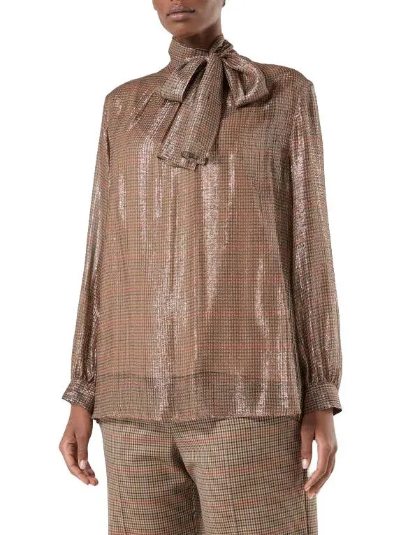Marina Rinaldi Silk Blend Metallic Tie Neck Shirt - Gold Camel