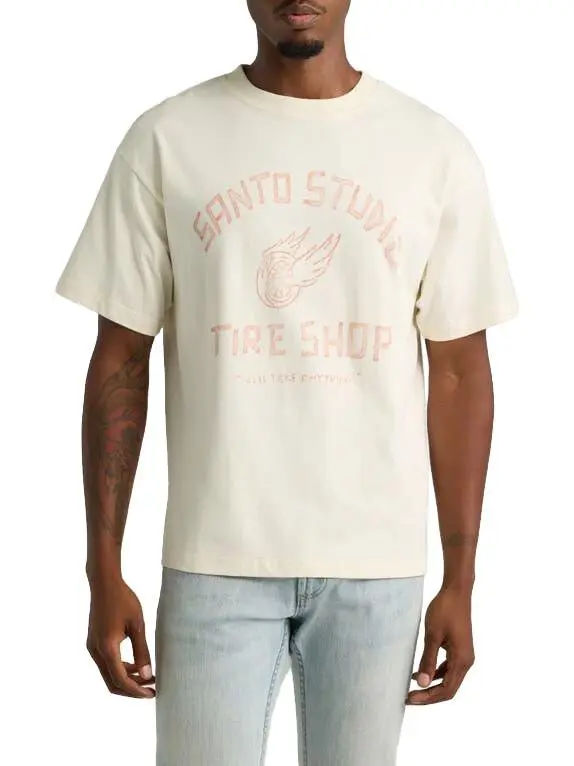 SANTO STUDIO Tire Shop Graphic Cotton T-shirt - Cream