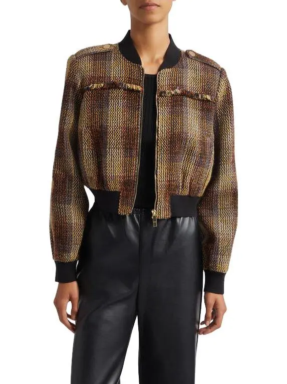 TOCCIN Pierce Fringe Detail Tweed Bomber Jacket - Fig Multi