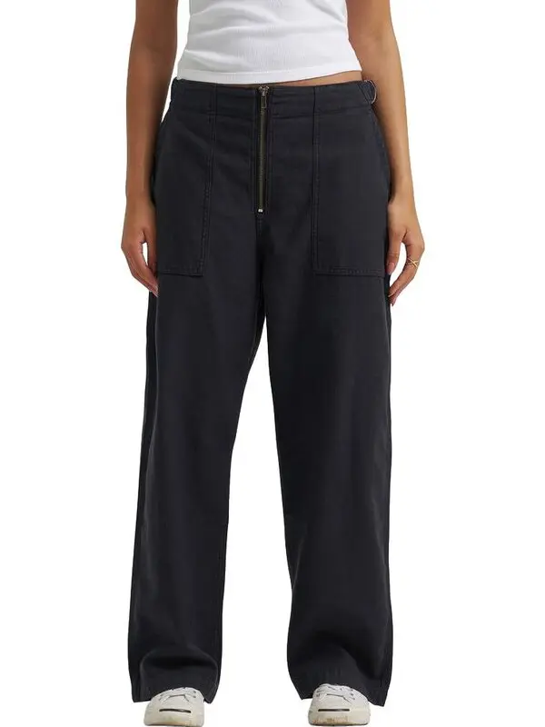LEEM Loose Utility Pants With Front Zip And Patch Pockets - Washed Black