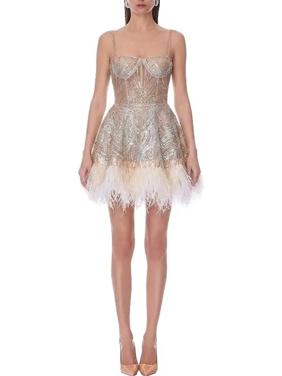 BRONX BANCO Mademoiselle Bead & Feather Cocktail Minidress - White