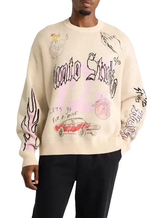 SANTO STUDIO 125 Free Advice" Relaxed Fit Cotton Sweater With Graphic Intarsia Pattern - Cream