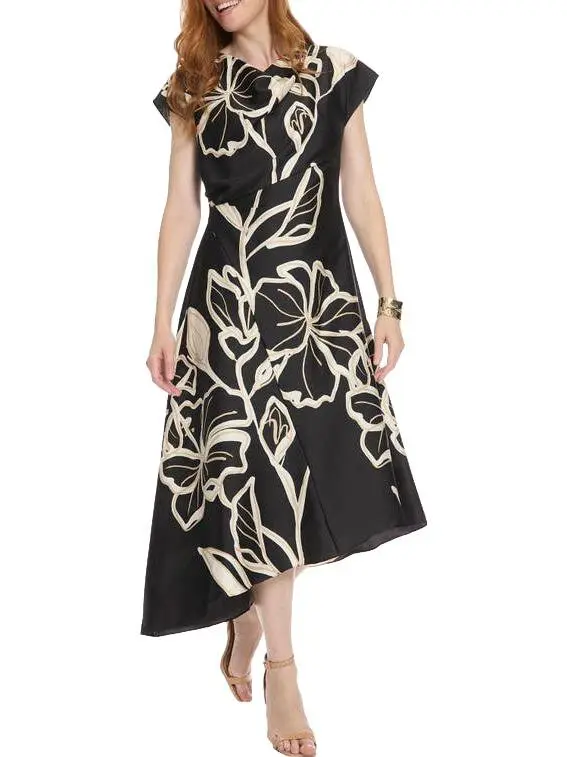Maggy London Print Asymmetric Satin Midi Dress - Black/cream
