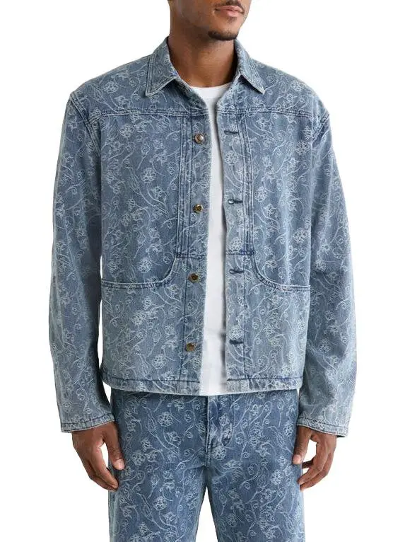 HONOR THE GIFT Floral Embroidery Denim Jacket - Light Indigo