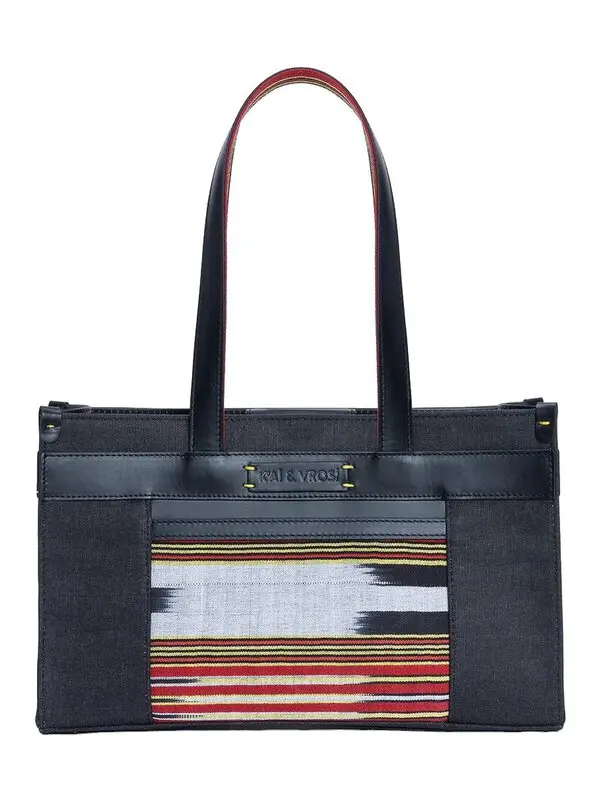 K'AI & VROSI Midi Leather & Canvas Tote Bag With Pockets - Black