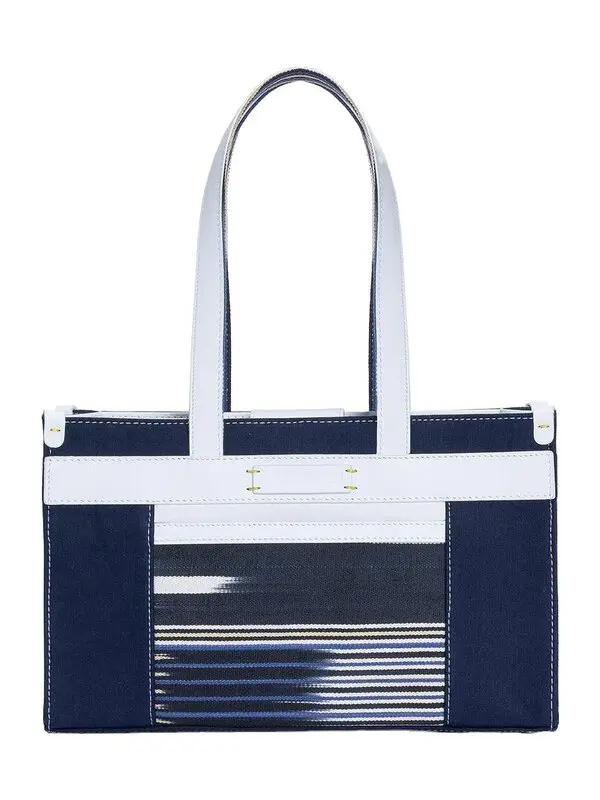 K'AI & VROSI Midi Leather & Canvas Tote Bag With Pockets - Navy