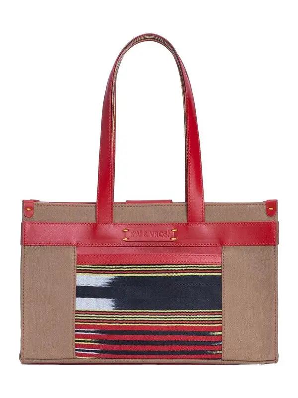 K'AI & VROSI Midi Leather & Canvas Tote Bag With Pockets - Red