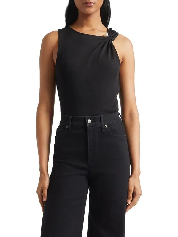 Veronica Beard Deylin Twist Shoulder Rib Tank - Black
