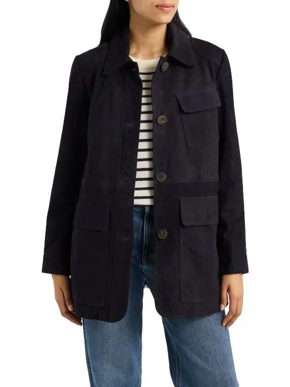 Bernardo Cinched Waist Leather Suede Jacket - Navy